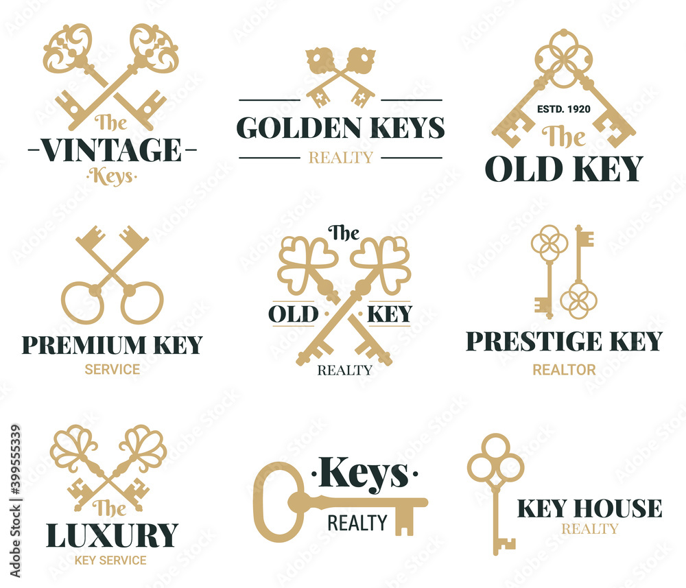 Old keys emblems. Vintage door keys labels, real estate agency or key service vector symbols set ...