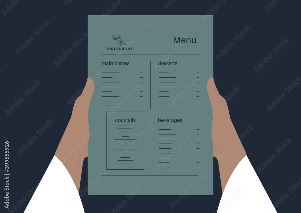 Hands holding a menu card, personal perspective view, a fine dining ...