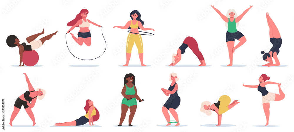 Body positive fitness. Plus size girls do yoga, work out training and ...