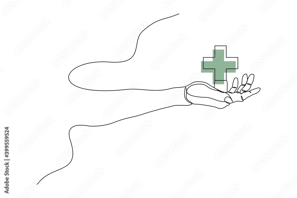 Continuous line drawing of palm hand holding medical cross. Vector ...
