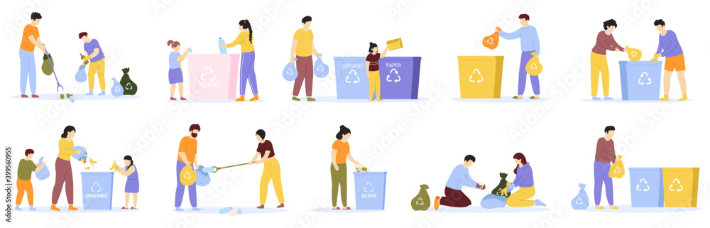 People waste sorting. Family kids sorting recycling garbage, household ... People waste sorting. Family kids sorting recycling garbage, household ...
