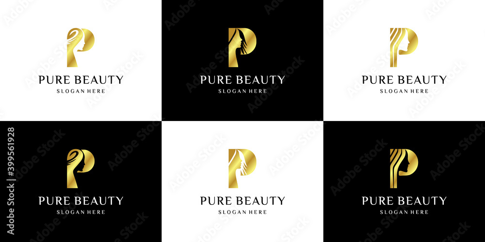 Set of pure beauty with letter p logo design. beauty woman face logo ...
