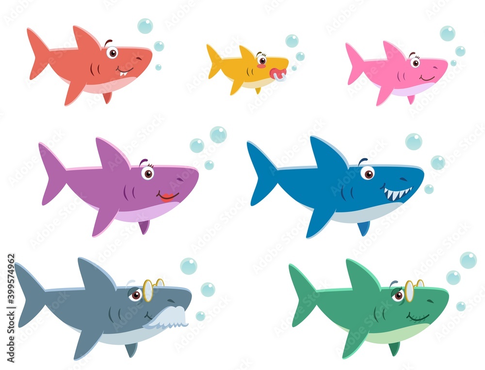 Family shark set of colorful cartoon fish character isolated on white ...