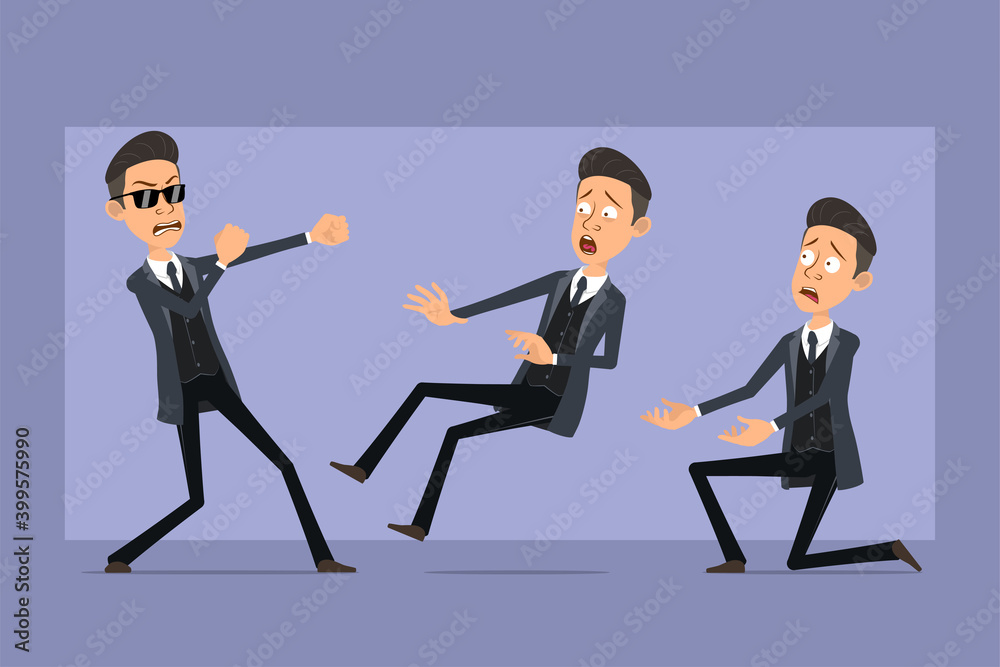 Cartoon flat funny mafia man character in black coat and sunglasses ...