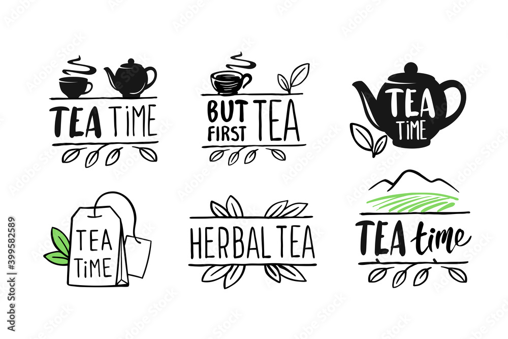 Tea emblems with text and leaves Stock Vector | Adobe Stock