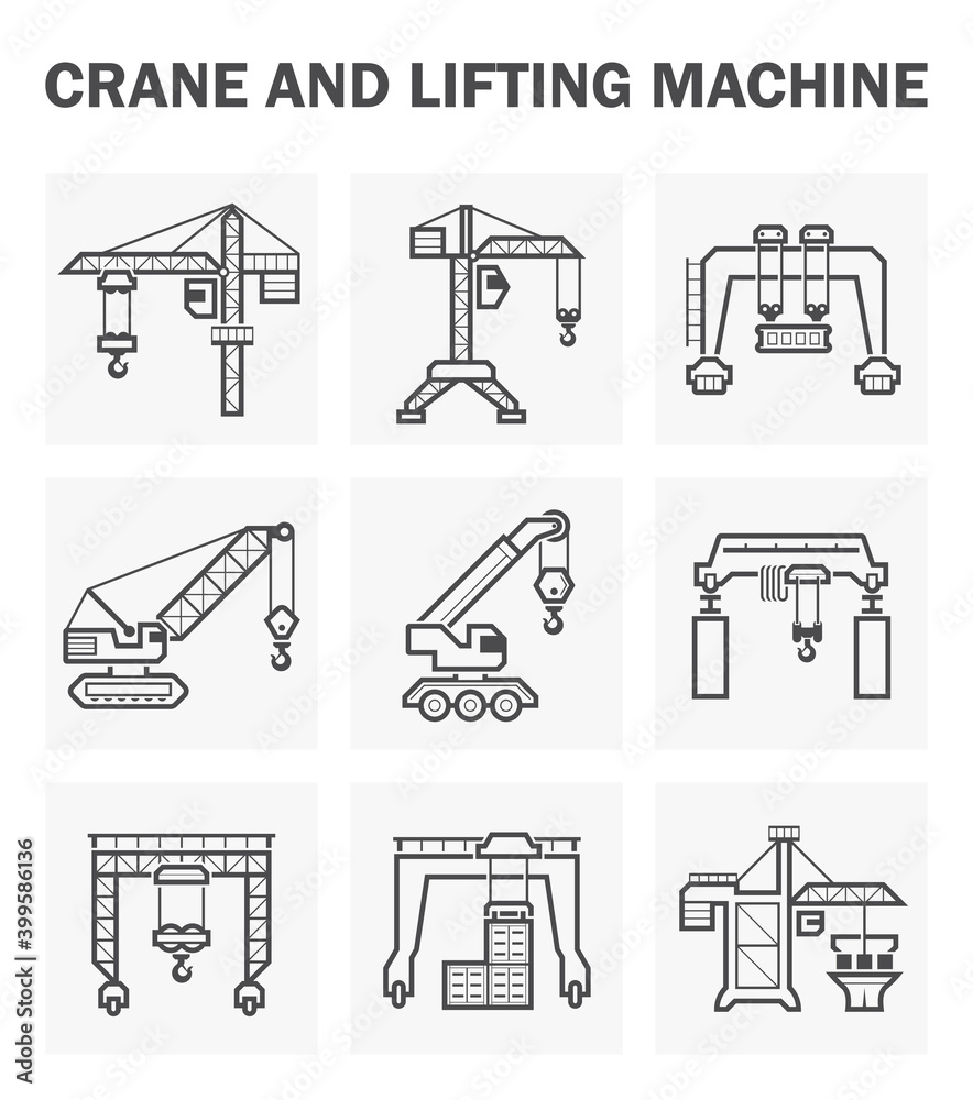 Crane vector icon and lifting equipment i.e. tower, gantry, crawler ...