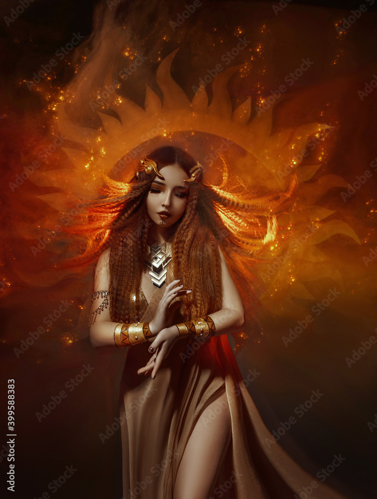 Fantasy woman goddess in a gold dress, a crown on head. Girl queen in ...