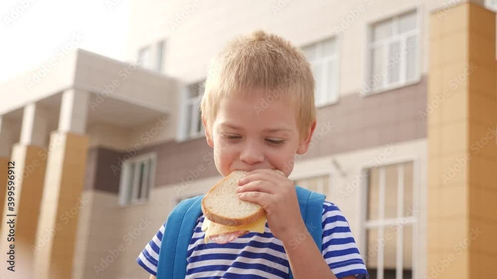 schoolboy eating a sandwich during recess in school. kids education ...