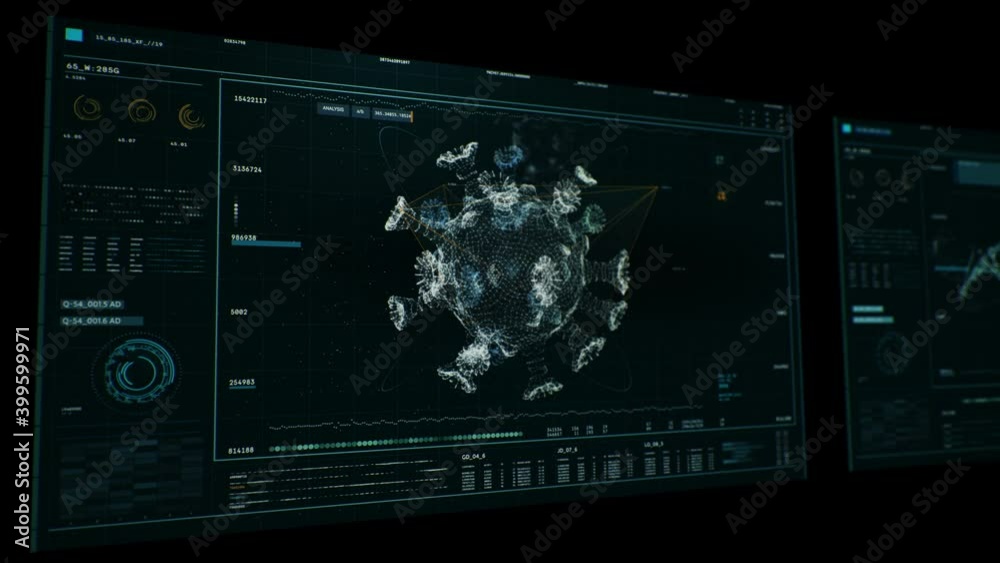 Amplified depiction of SARS-Cov-2 virus on a computer screen. Showing ...