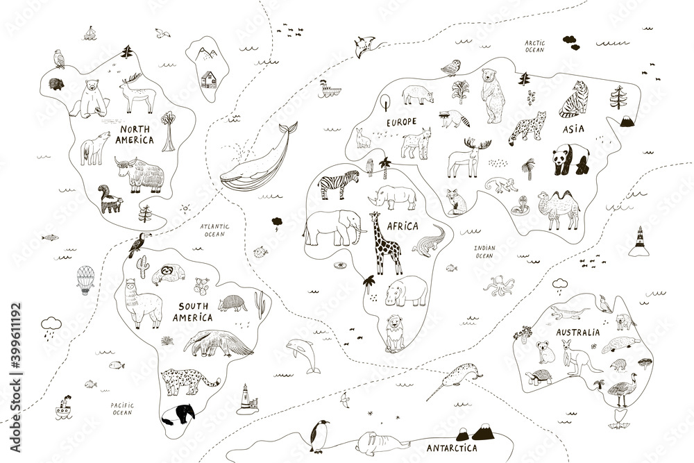 Animals vector hand drawn line world map Stock Vector | Adobe Stock