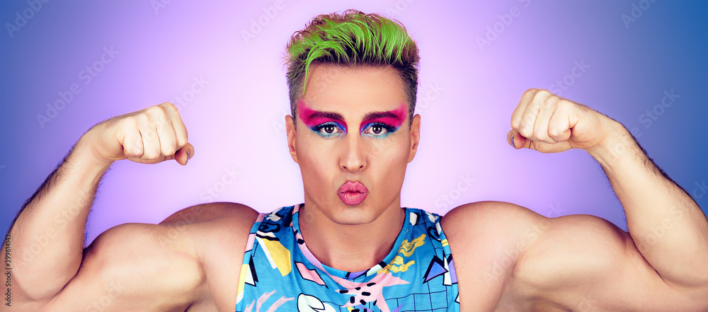 Beauty Fashion Muscular guy with Colorful Art Makeup, Green Hair. Sexy ...