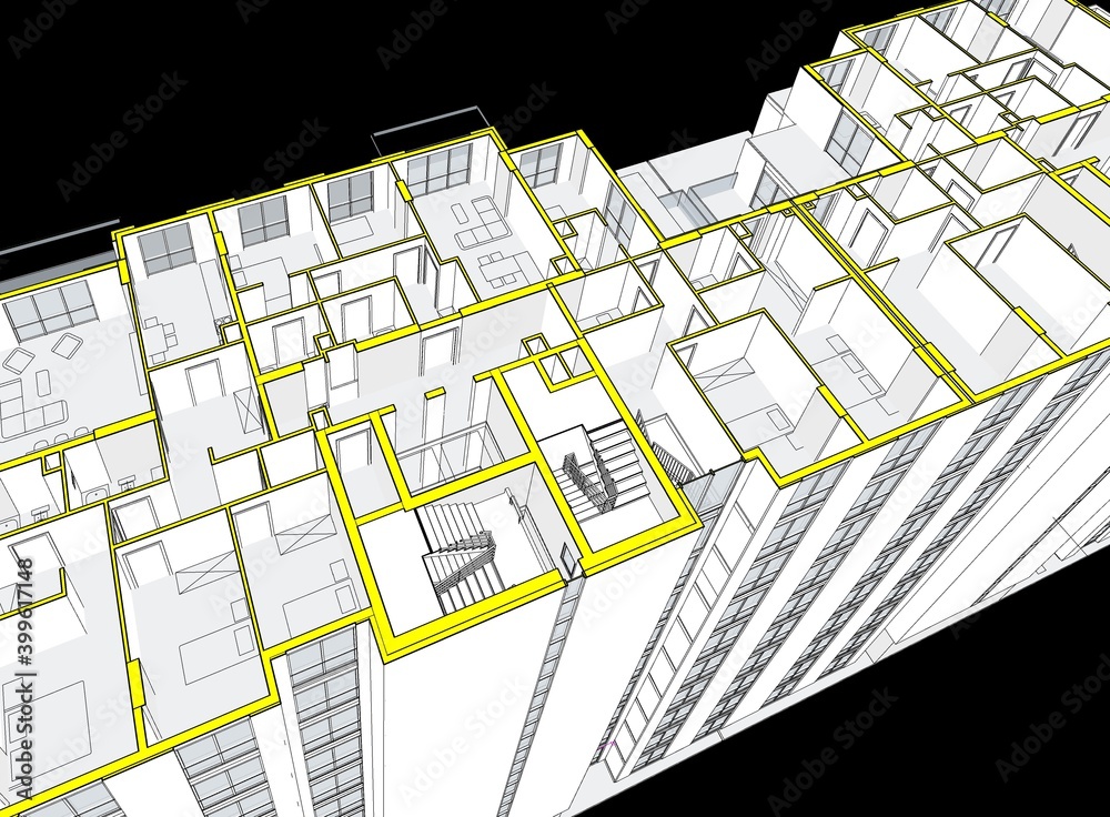 3d illustration of a modern residential building. Partial cross section ...