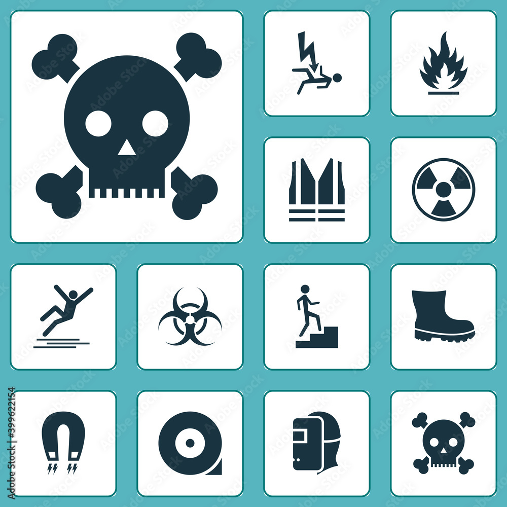 Protection icons set with step up, icy surface, strong magnetic field ...