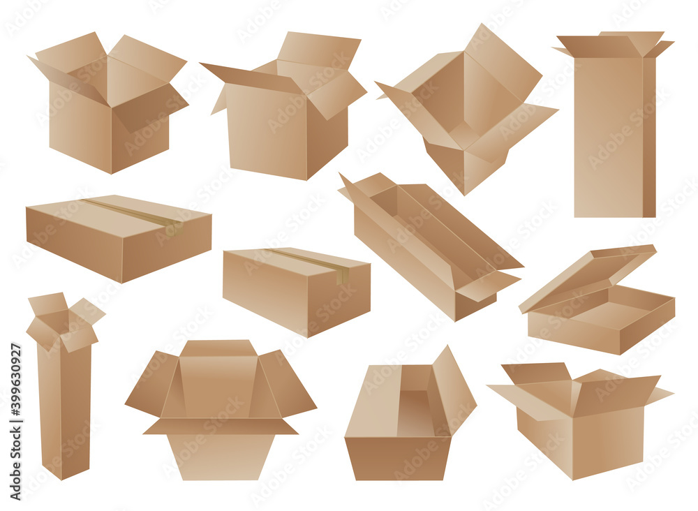 Boxes. Cardboard box mockup set. Mail containers in various shapes ...
