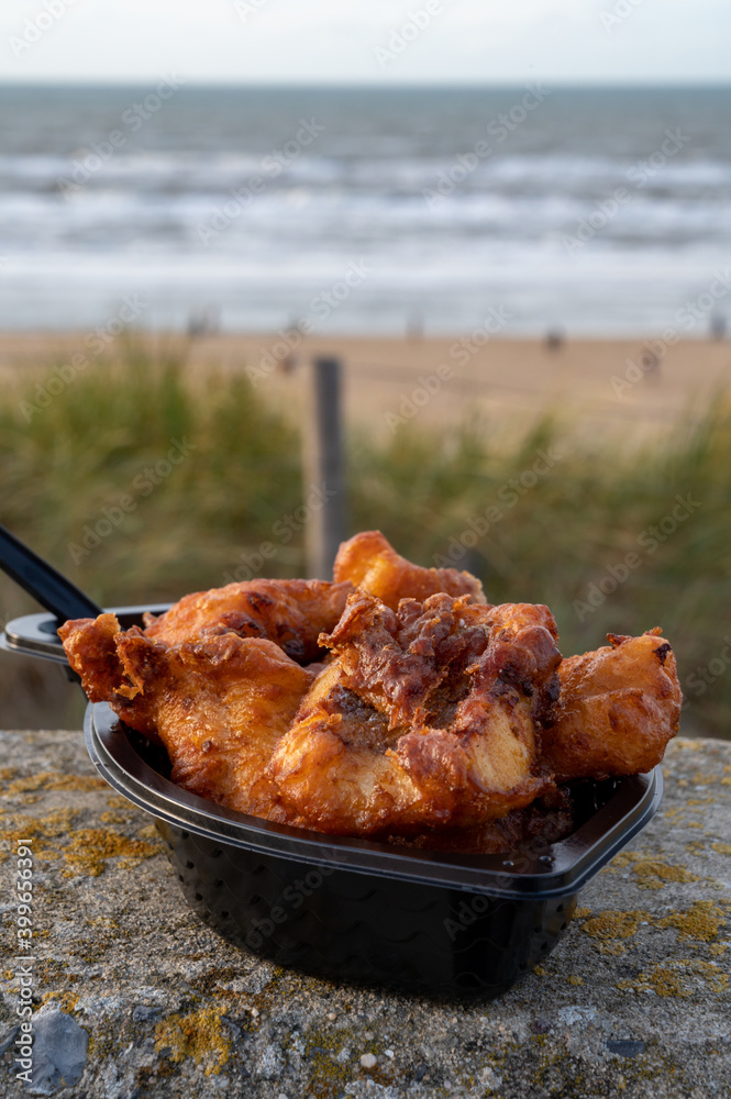 Dutch street seafood, deep fried cod fish fillet with garlic sauce ...