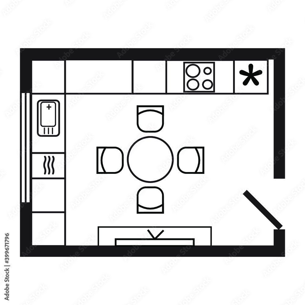 L-shape modern kitchen floor plan scheme. Furniture, equipment ...