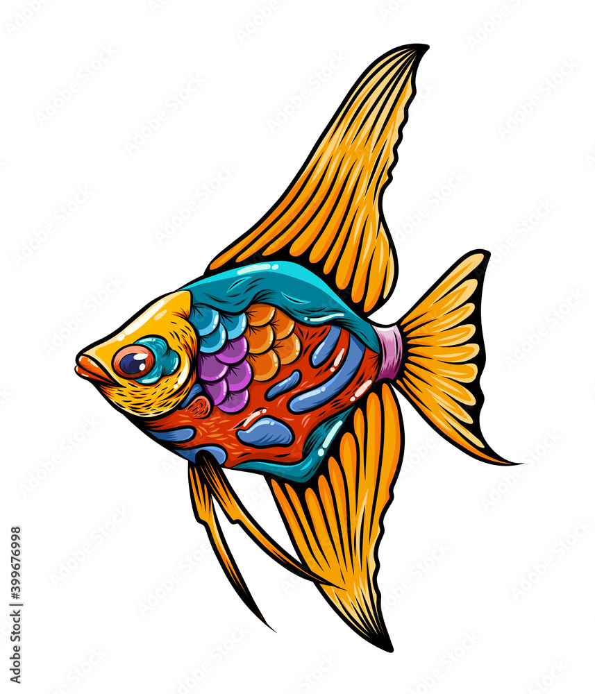The angle fish zentangle with the mix colour on body with long yellow ...