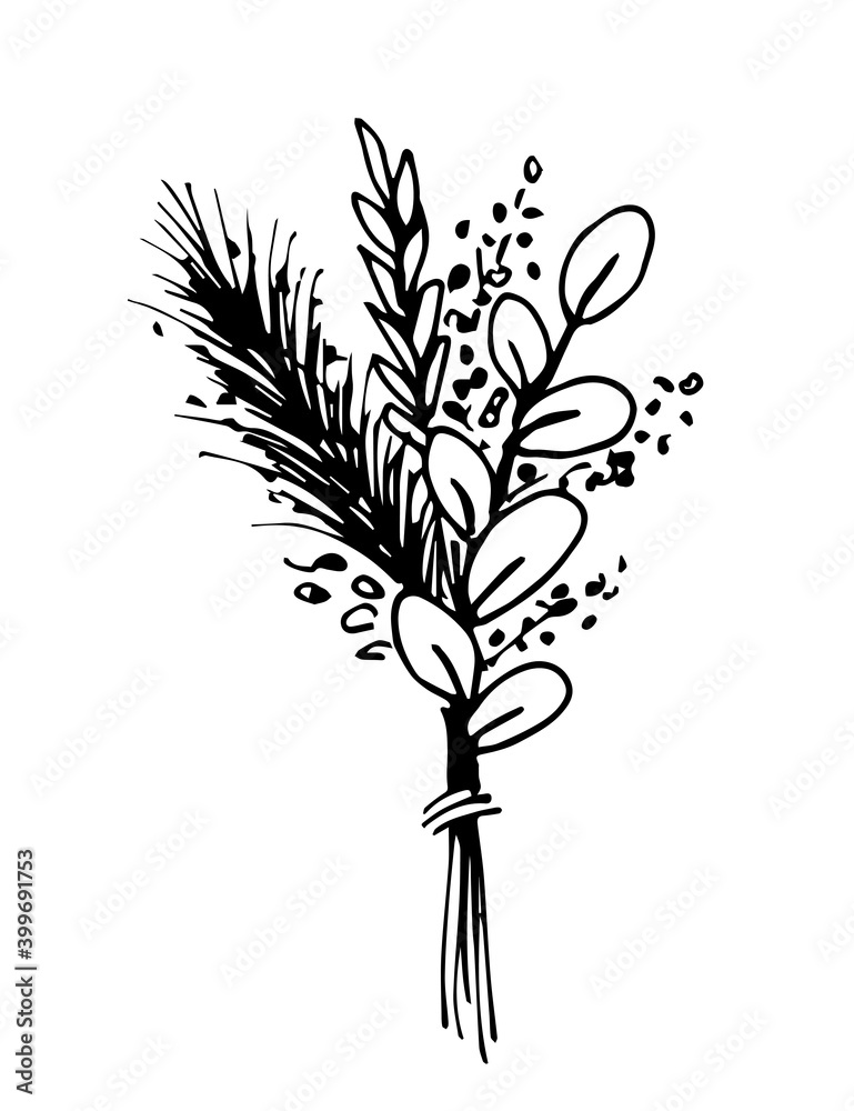 Simple hand-drawn vector drawing in black outline. Bouquet of ...