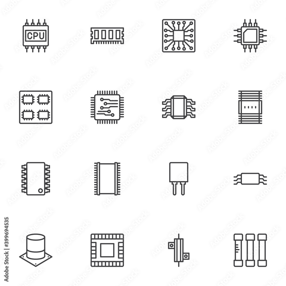Computer microchip line icons set, outline vector symbol collection ...