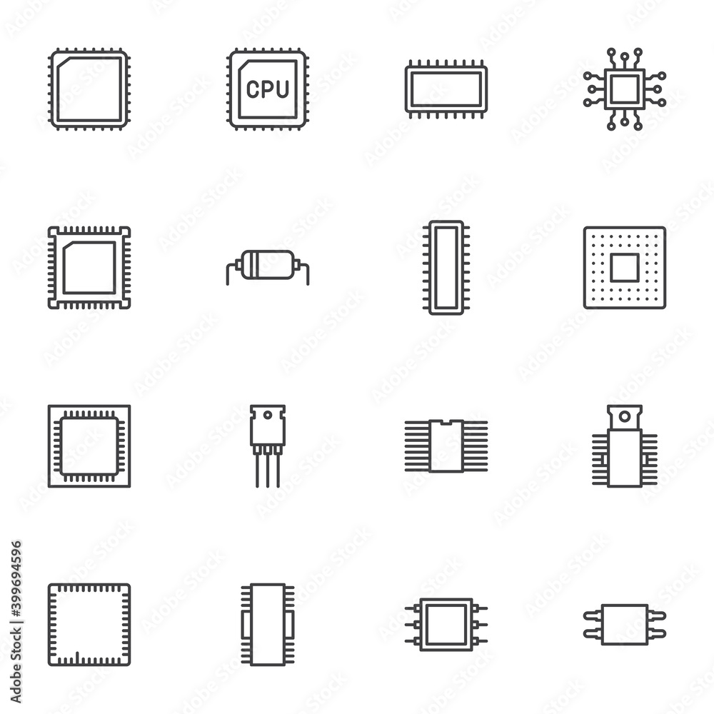 CPU microchip line icons set, outline vector symbol collection, linear ...