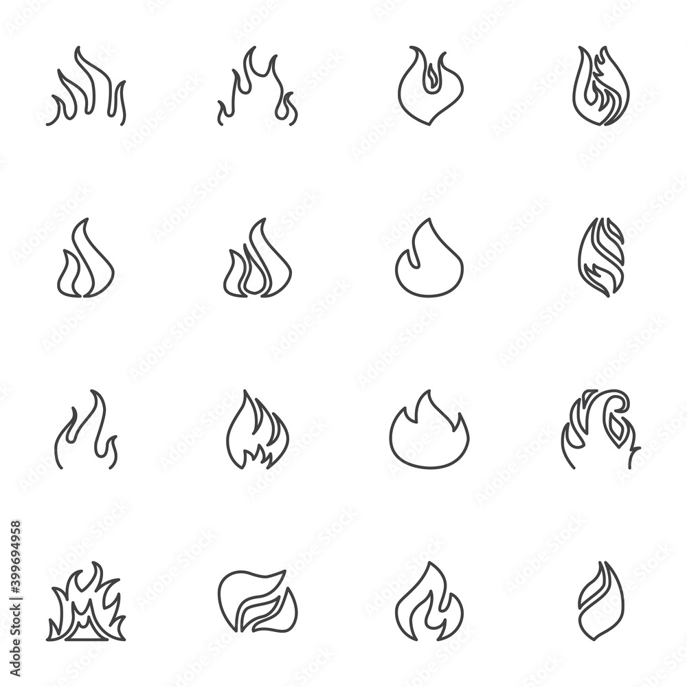 Fire flame line icons set, outline vector symbol collection, linear ...