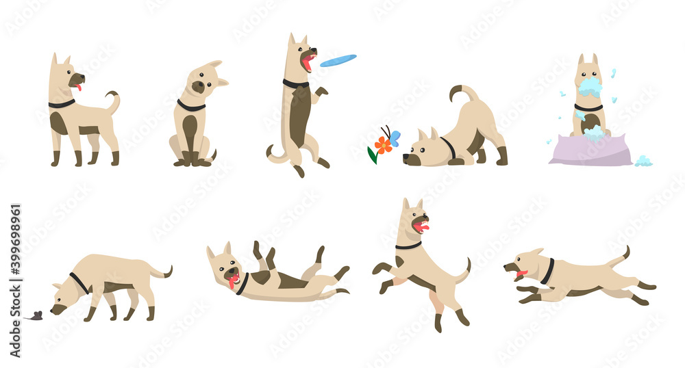 Cartoon dog set. Dogs tricks icons and action training digging dirt ...