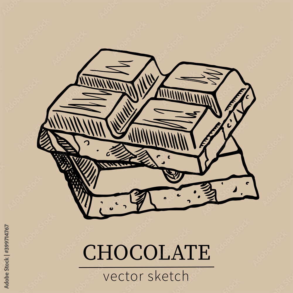 Vector sketch of a bar of chocolate broken into pieces, hand drawn ...