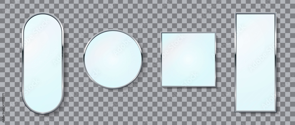 Realistic silver mirrors oval, rectangle, circle, square frame vector ...