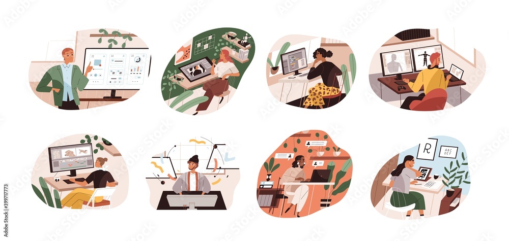 Set of creative workers working at computers and laptops. UI and motion ...