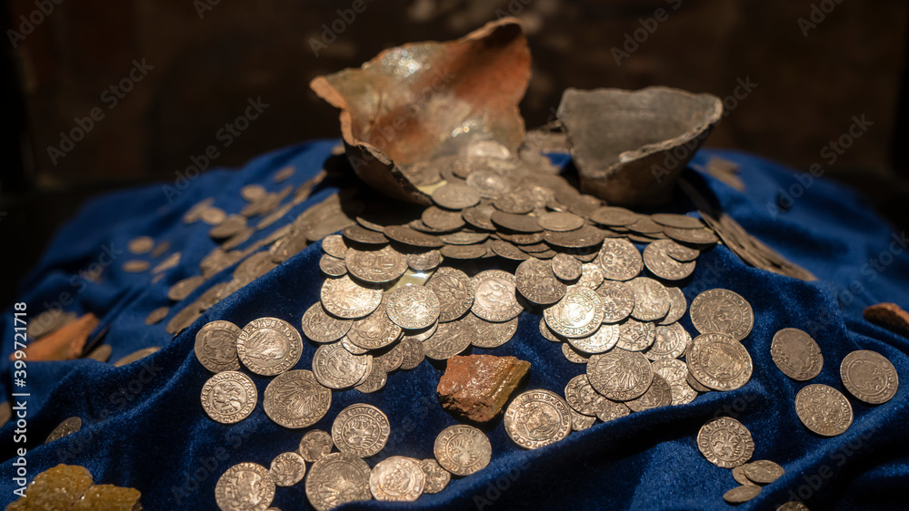 Treasure of ancient coins. Cash, money. Heap of old money. Business ...