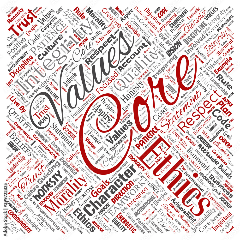 Vector conceptual core values integrity ethics square red concept word ...