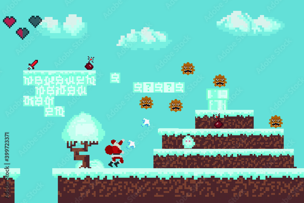 Computer pixel game interface, santa claus character, 8-bit view, hero ...
