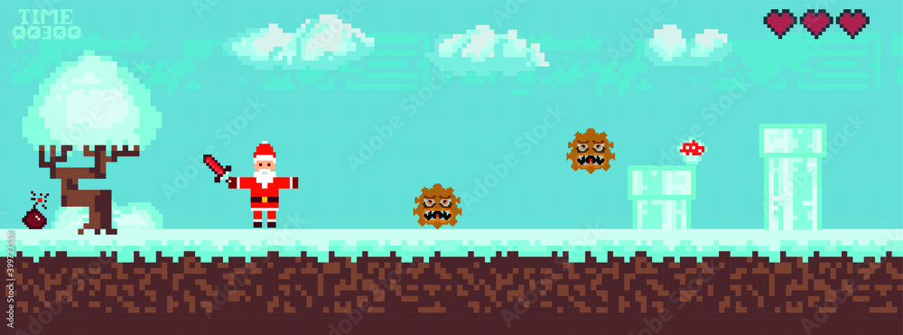 Computer pixel game interface, santa claus character, 8-bit view, hero ...