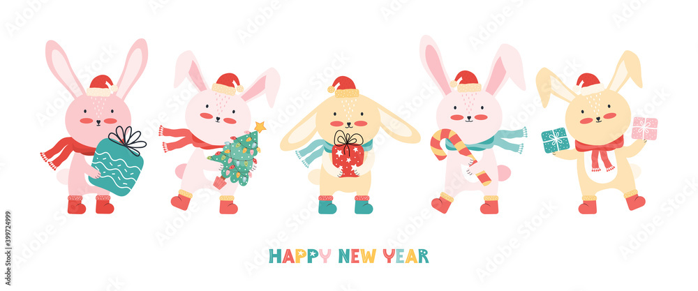 New year banner with a group happy baby rabbits in Santa hat with a ...