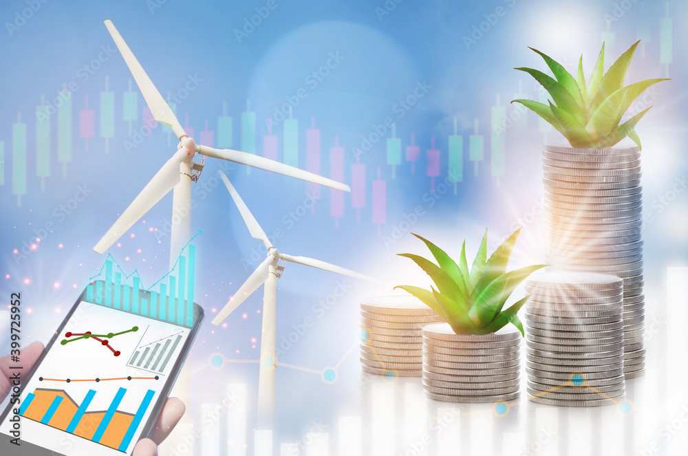 Financial technology and growing money plant on stack of coins with ...