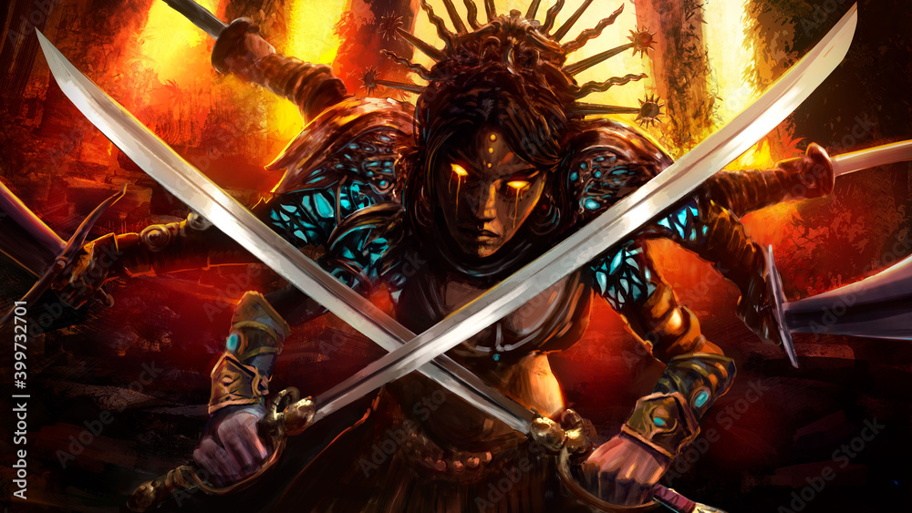 Photo & Art Print Angry Indian multi-armed goddess Kali with yellow ...