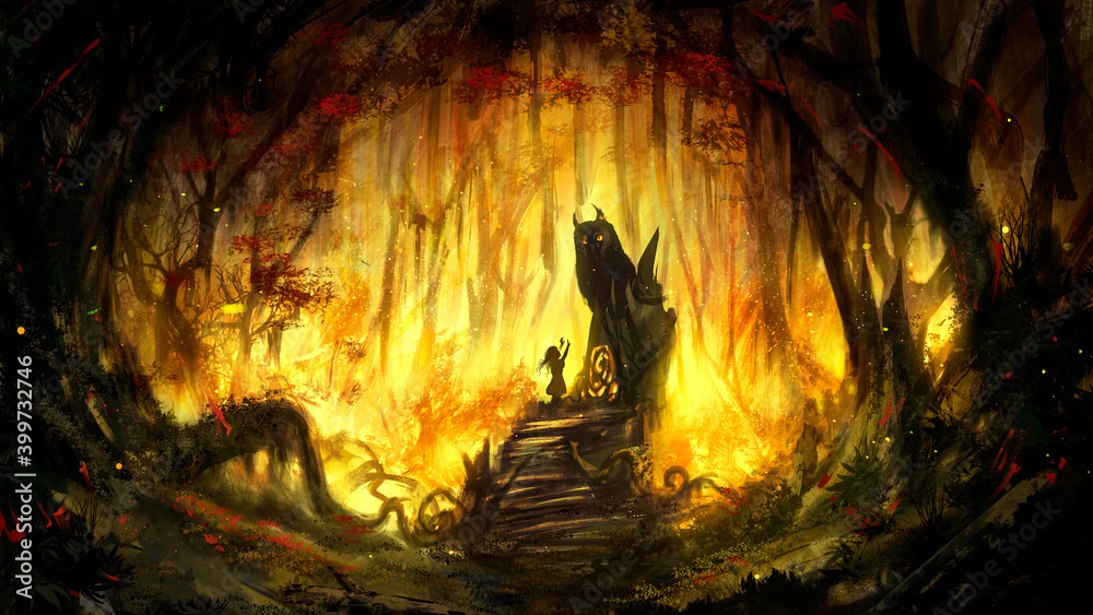 A magical golden forest with many old dry trees, in the center of the ...