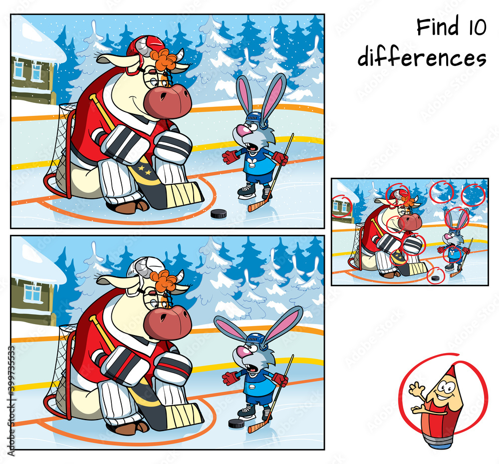 Bull and Rabbit are playing hockey. Find 10 differences. Educational ...
