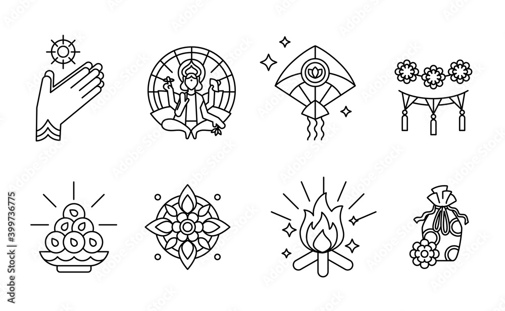 Makara Sankranti, Hindu festival of sun god Surya - Set of outline ...