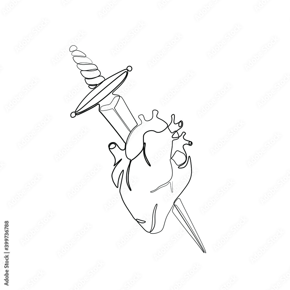 Dagger in the heart continuous line drawing, human heart tattoo ...