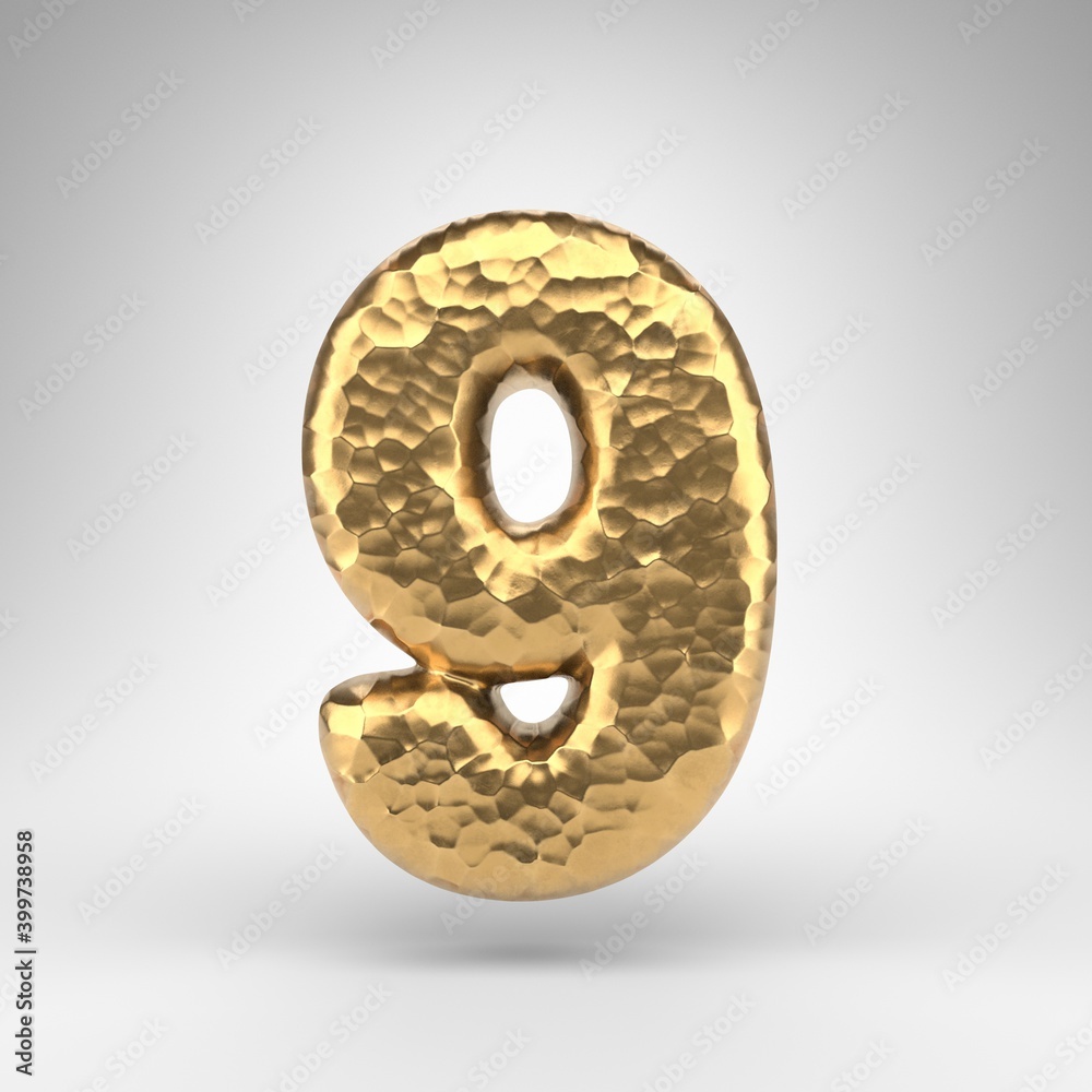 Number 9 on white background. Hammered brass 3D number with shiny ...