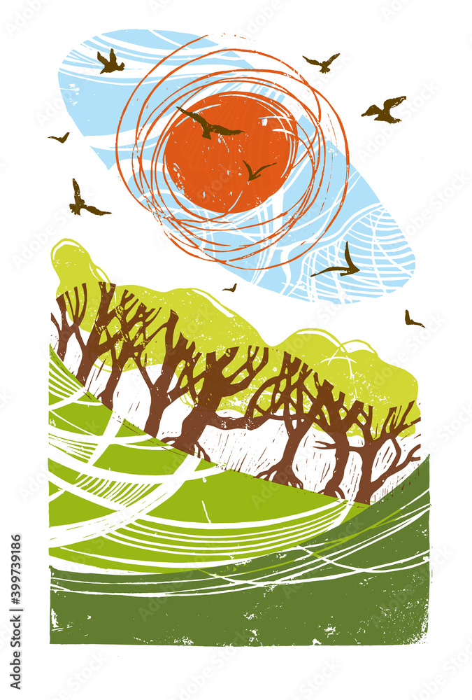 Linocut images of a summer landscape. Image of nature. Image of ...