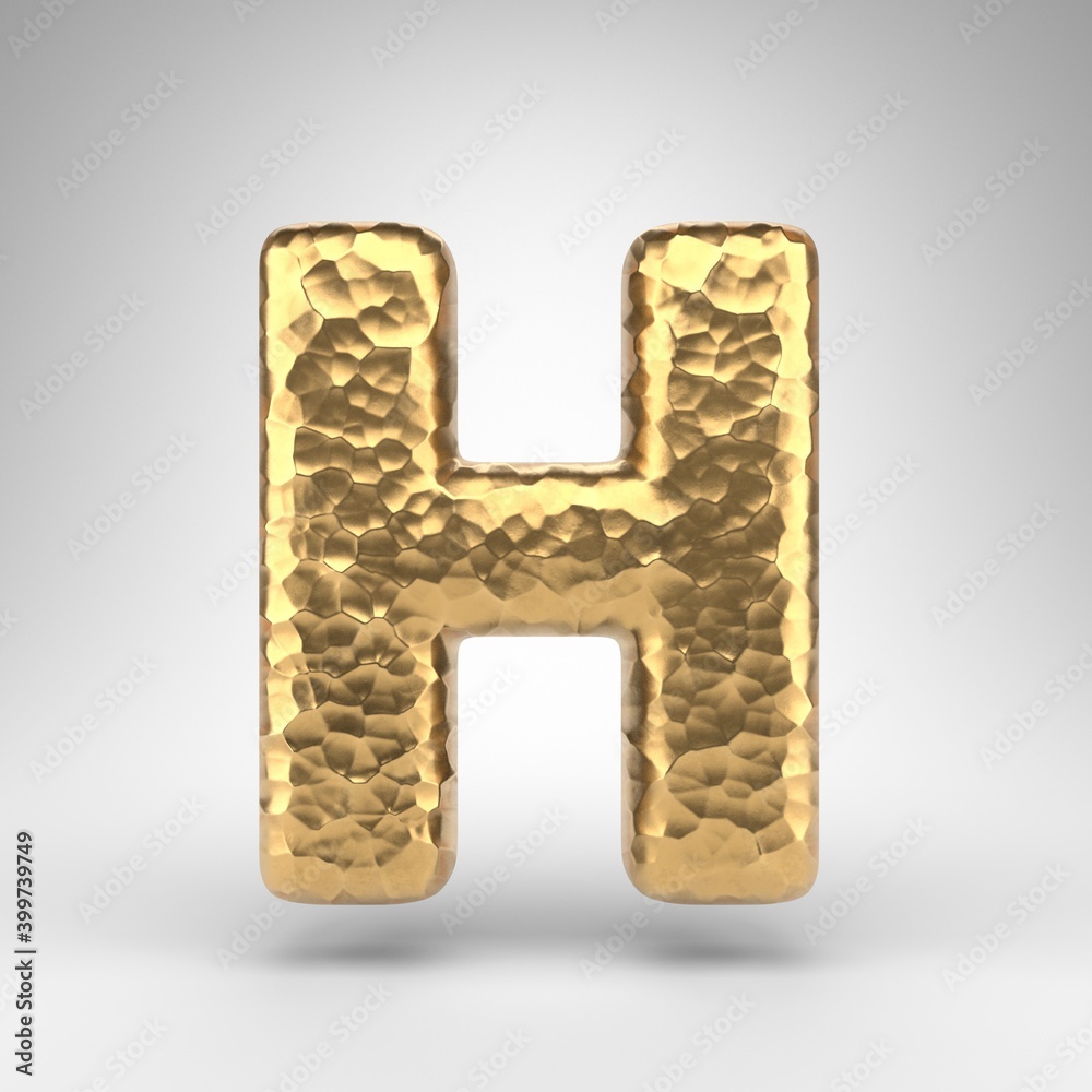 Letter H uppercase on white background. Hammered brass 3D letter with ...