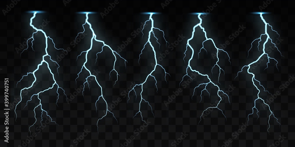 Electric or lightning strikes, vector flashes, impact place, plasma or magical energy in blue ...
