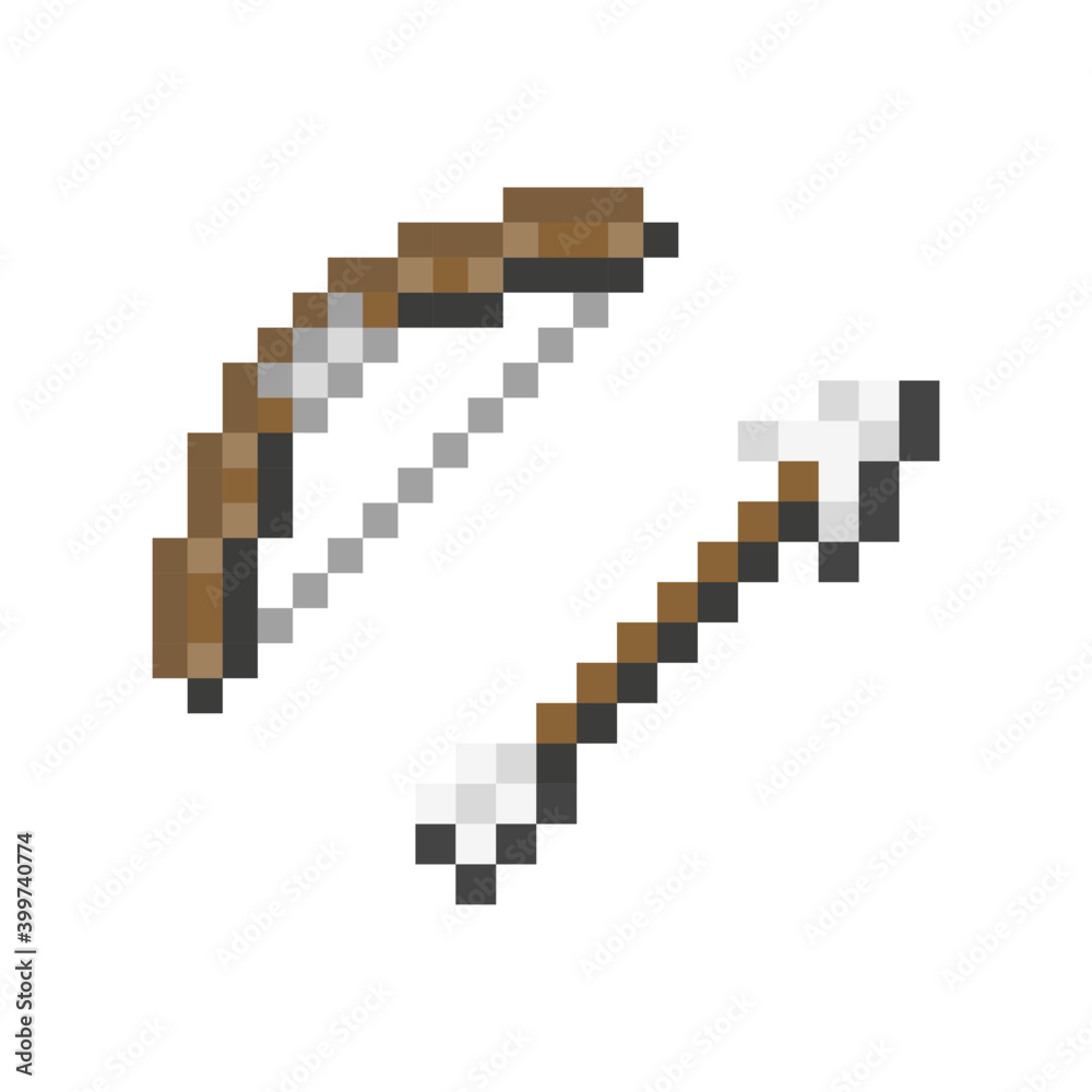 Pixel bow and arrow. Pixel arsenal icons. Mockup element game, web, app ...