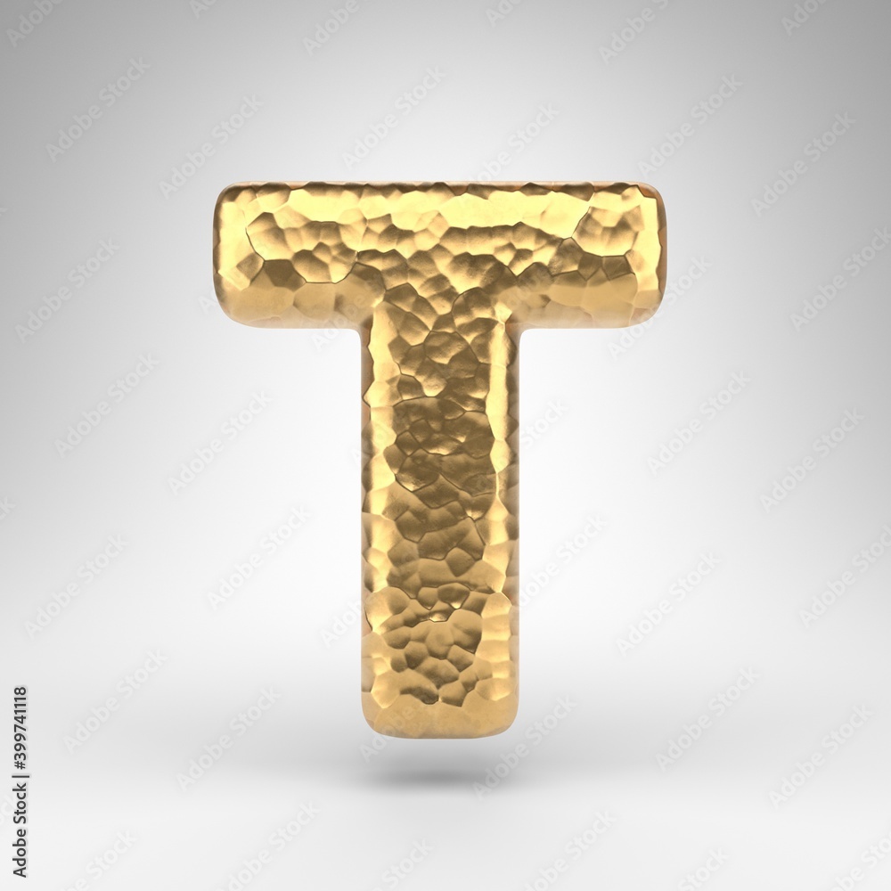 Letter T uppercase on white background. Hammered brass 3D letter with ...
