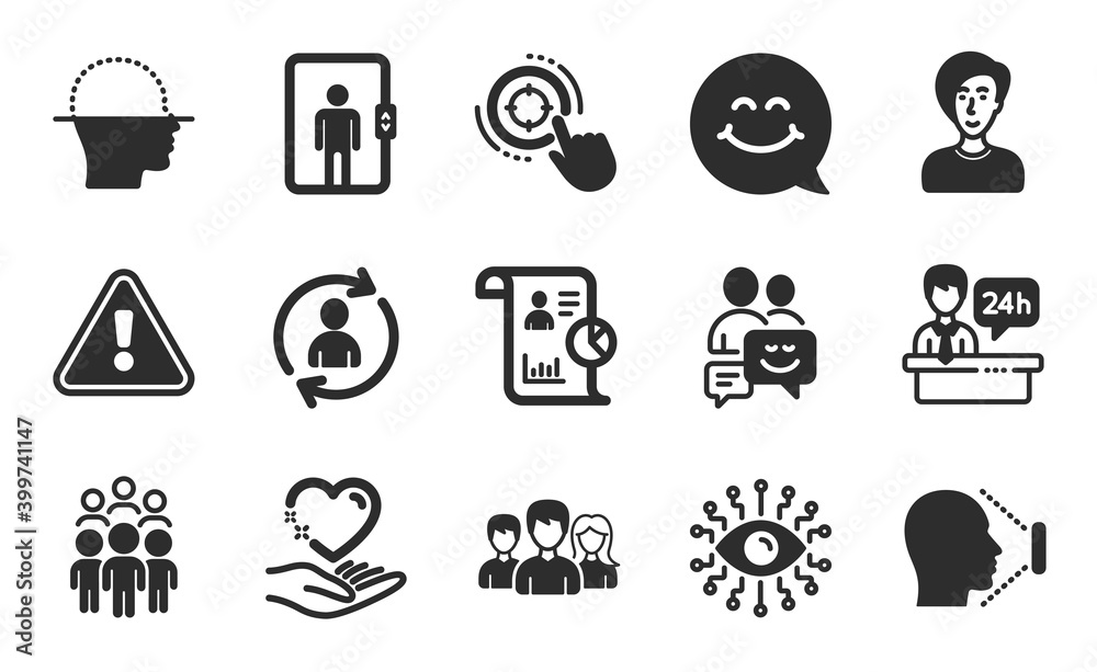 Elevator, Face id and Face scanning icons simple set. Person info ...