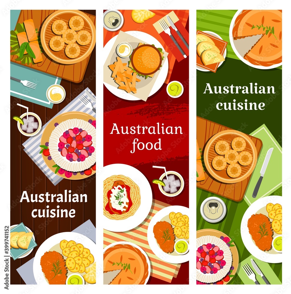 Australian food cuisine menu dishes, Australia restaurant banners ...