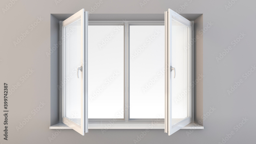 double-leaf opened window on a white wall. aerial illustration for ...