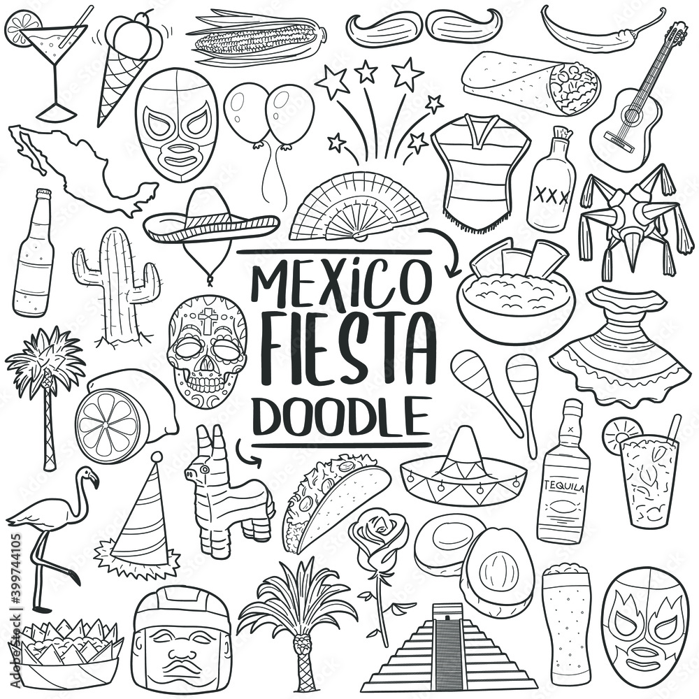 Mexico Fiesta, doodle icon set. Mexican Style Vector illustration ...